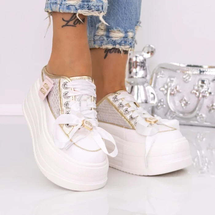 Pantofi Sport Dama cu Platforma 3359-5 Alb-Roz | Mei » MeiMei.Ro